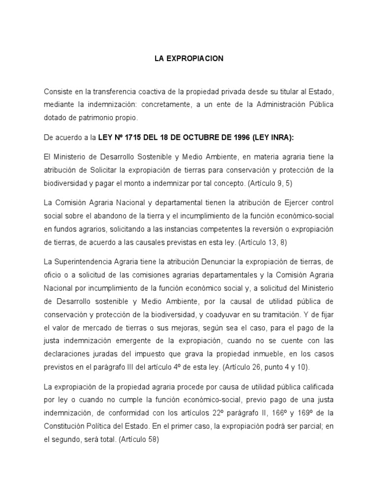 La Expropiacion de Acuerdo A La Ley Inra 1715 | PDF | Dominio eminente ...