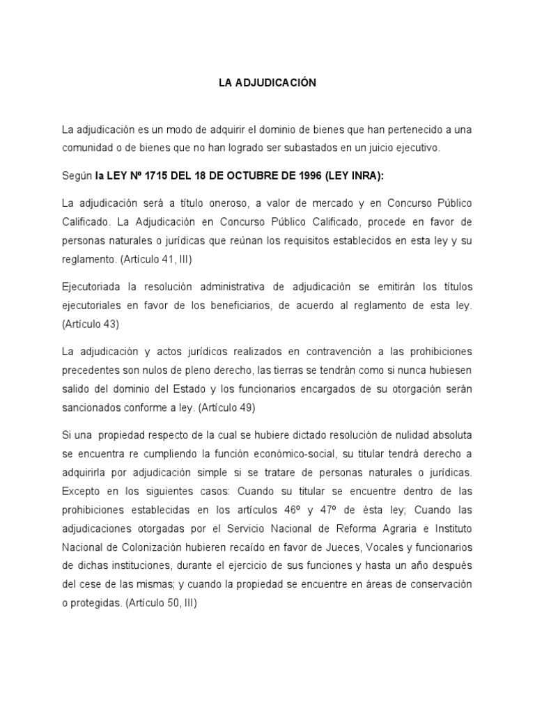 La Adjudicacion de Acuerdo A La Ley Inra 1715 | PDF | Propiedad | Virtud