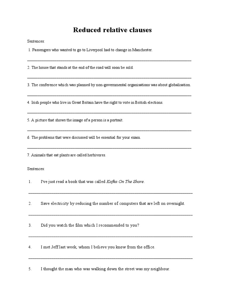 Reduced Relative Clauses Exercises | PDF