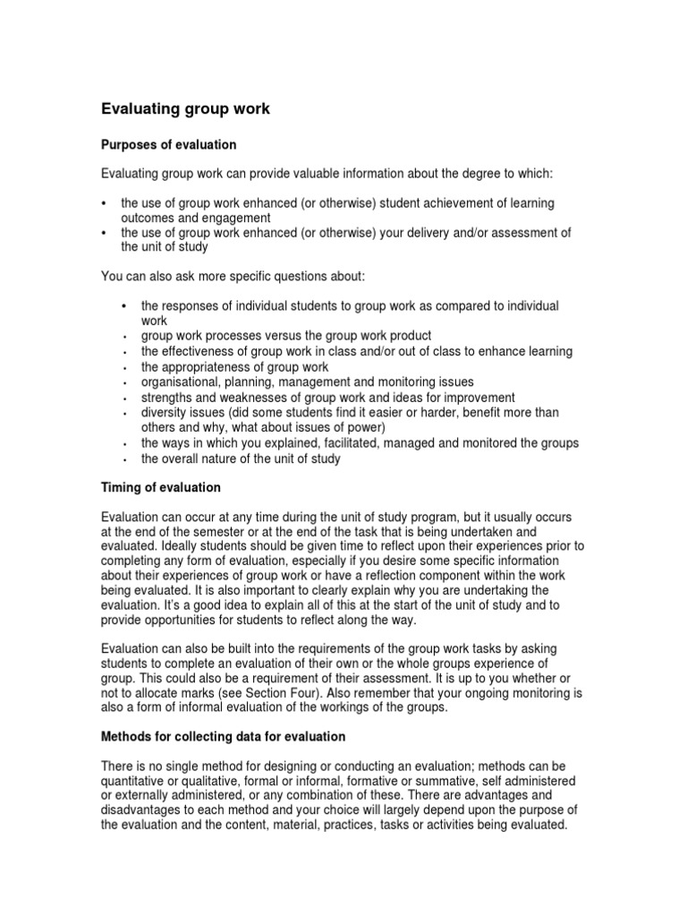 Evaluating Group Work: Purposes of Evaluation | PDF | Educational ...