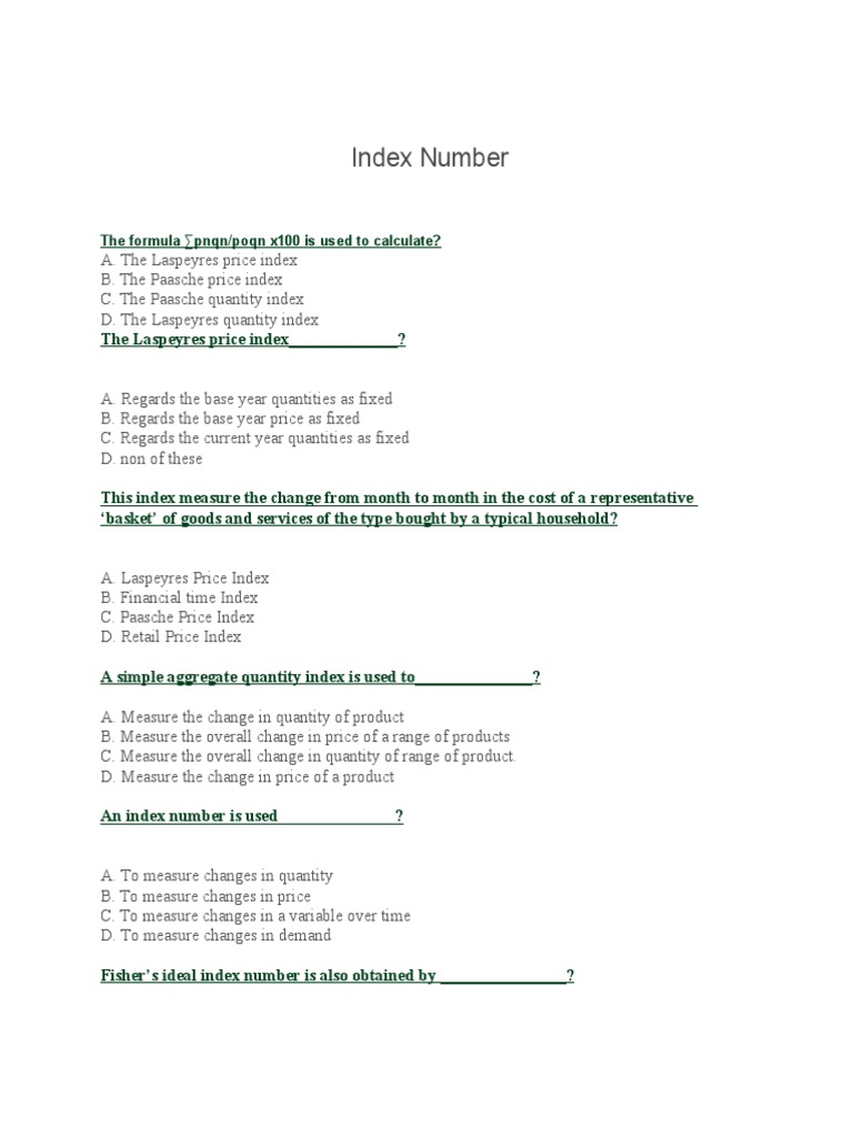 Index Number: The Formula Pnqn/poqn x100 Is Used To Calculate? | PDF ...