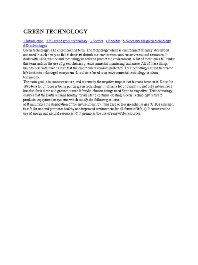 Green Technology: 2.pillars of Green Technology 3.sectors 4.benefits 5 ...
