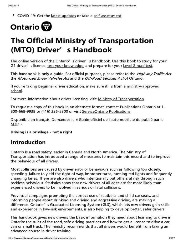 The Official Ministry of Transportation (MTO) Driver's Handbook PDF ...