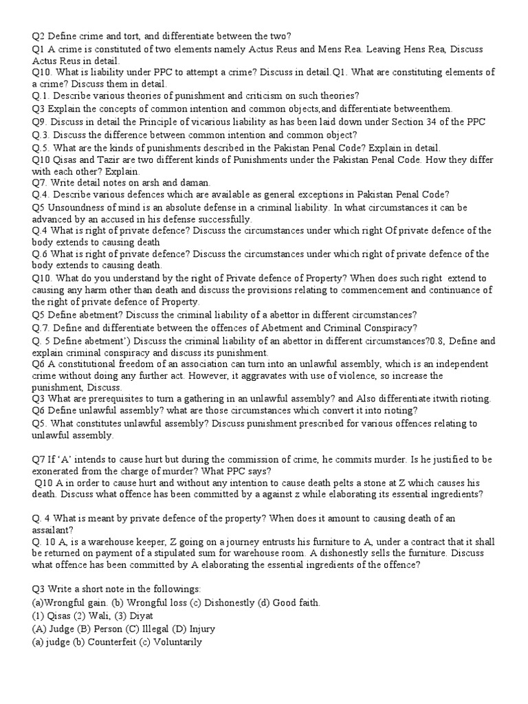 PPC Questions | PDF | Mens Rea | Criminal Law