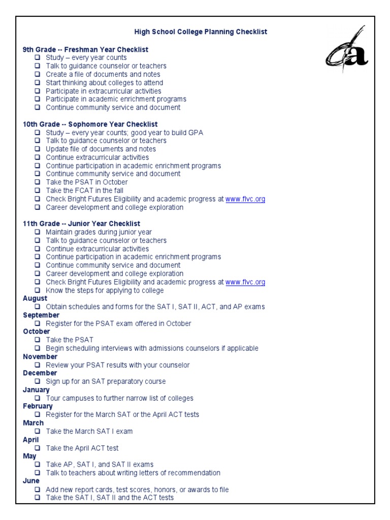 High School Planning Checklist | PDF | Sat | Act (Test)