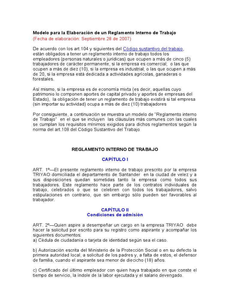 Modelo de Reglamento Interno Laboral | PDF | Salario | Regulación
