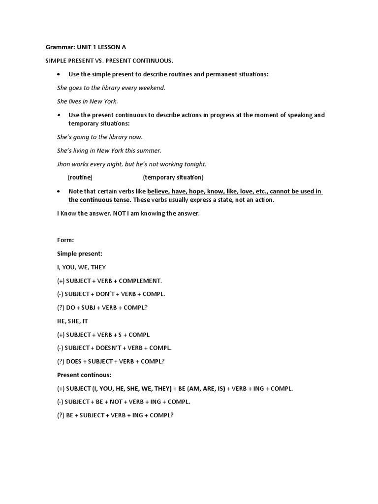 Grammar Unit 1 Lesson A | PDF