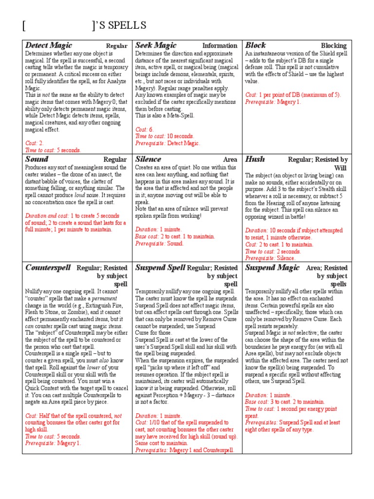 'S Spells: Detect Magic Seek Magic Block | PDF | Casting (Metalworking ...