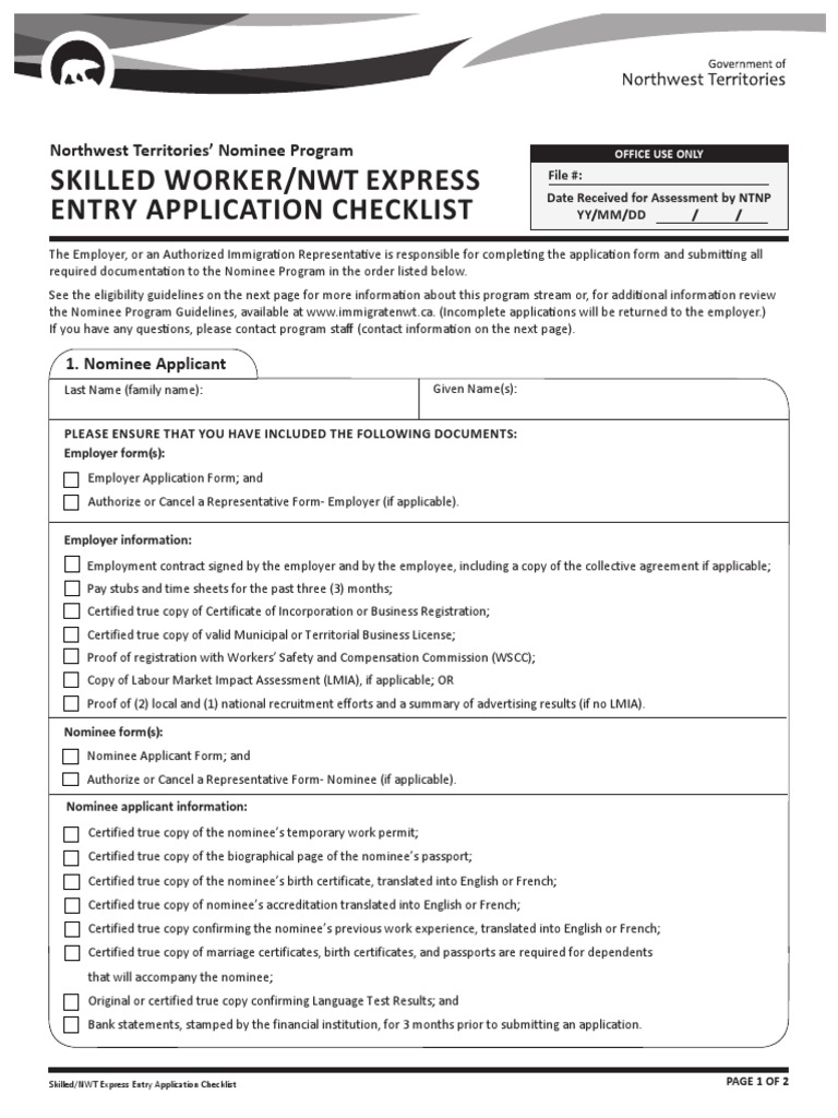 Skilled Worker/ NWT Express Entry Application Checklist: Northwest ...