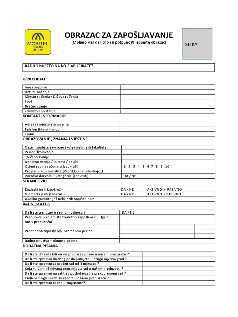 Obrazac Za Zaposljavanje | PDF