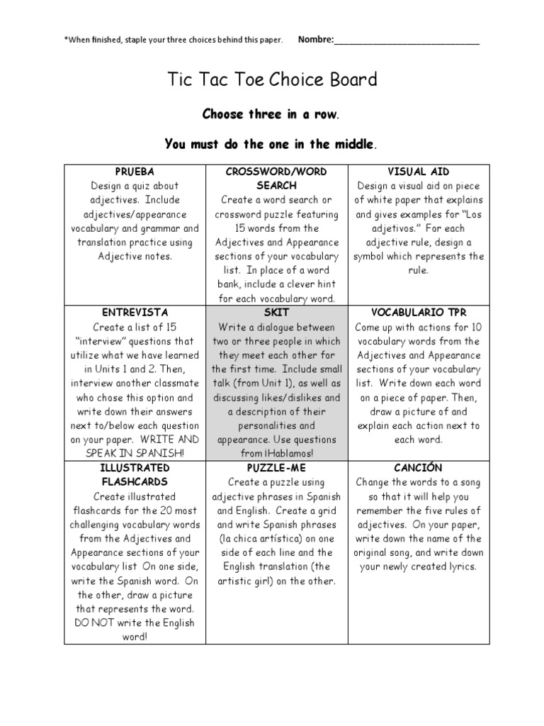 Tic Tac Toe Choice Board: Choose Three in A Row. You Must Do The One in ...