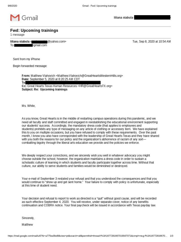 #8 Firing Email From Headmaster 9-5-2020 | PDF | Justice | Crime & Violence