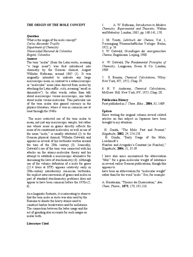 The Origin of The Mole Concept | PDF | Mole (Unit) | Chemistry