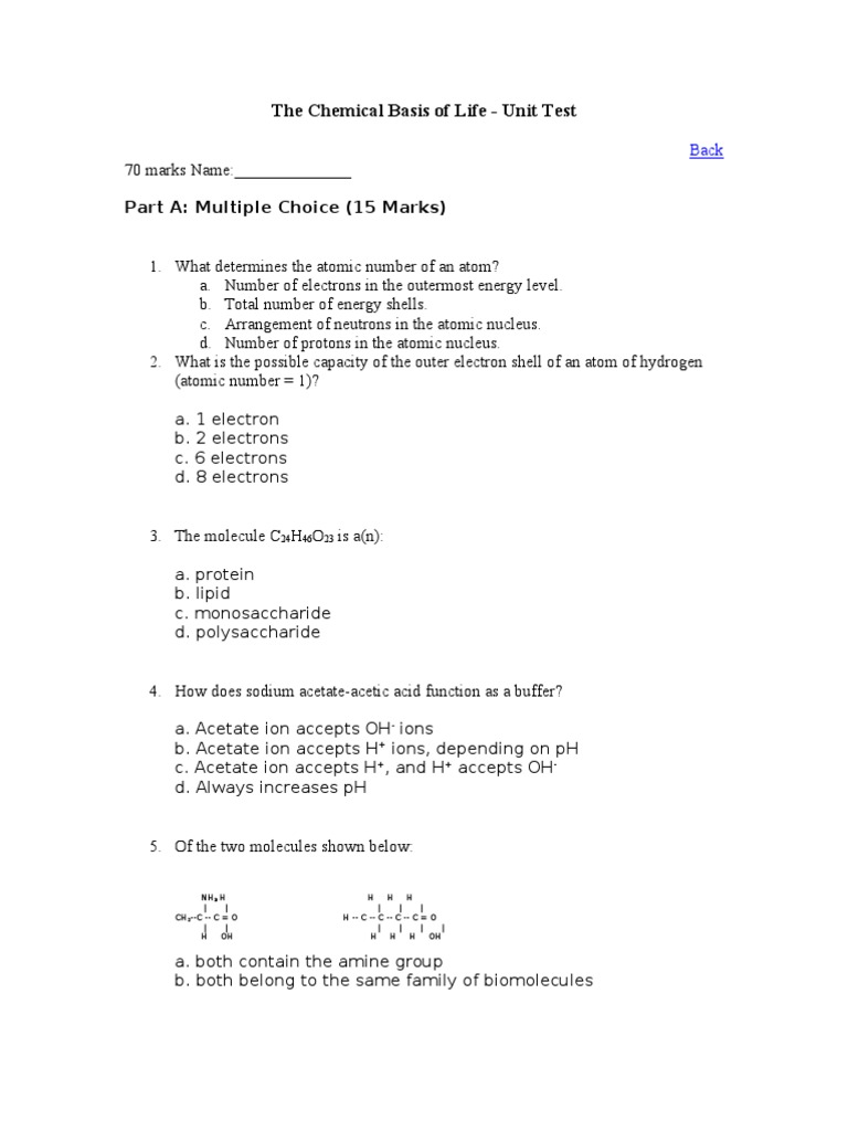 Chemical Basis of Life Unit Test | PDF | Cellular Respiration ...