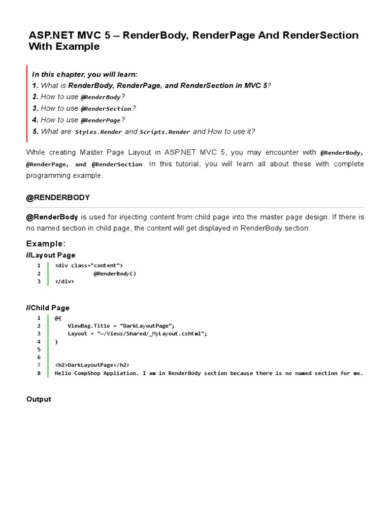 MVC 5 - RenderBody, RenderPage and RenderSection With Example PDF | PDF ...