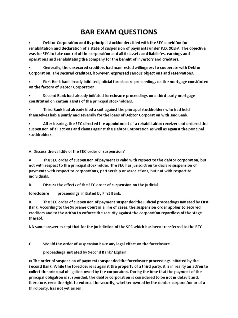 Bar Exam Questions | PDF | Liquidation | Bankruptcy