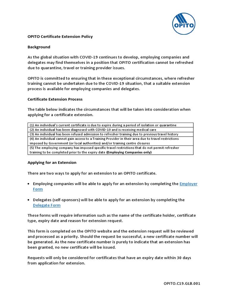 OPITO Certificate Extension Policy Background: Employer Form | PDF ...
