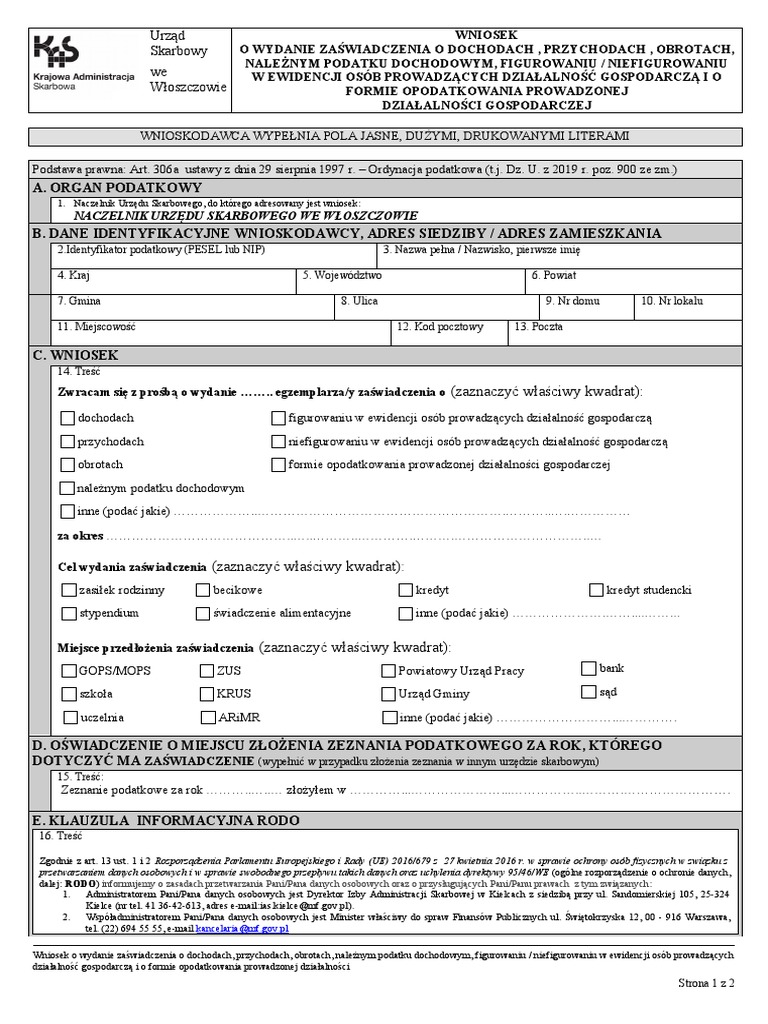 Wniosek o Wydanie Zaświadczenia o Dochodach... | PDF