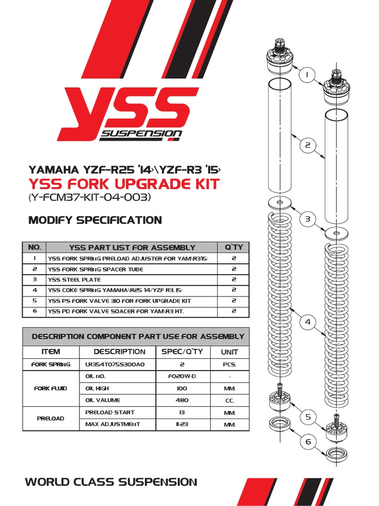 Yss Fork Upgrade Kit: YAMAHA YZF-R25 '14 /YZF-R3 '15 | PDF