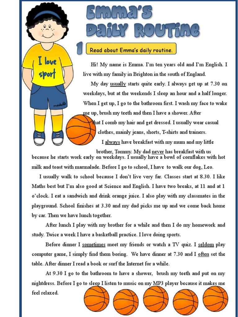 Emmas Daily Routine Reading Fun Activities Games Reading Comprehension ...