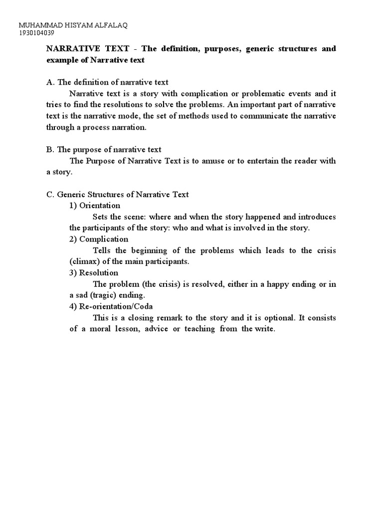 NARRATIVE TEXT - The Definition, Purposes, Generic Structures and ...