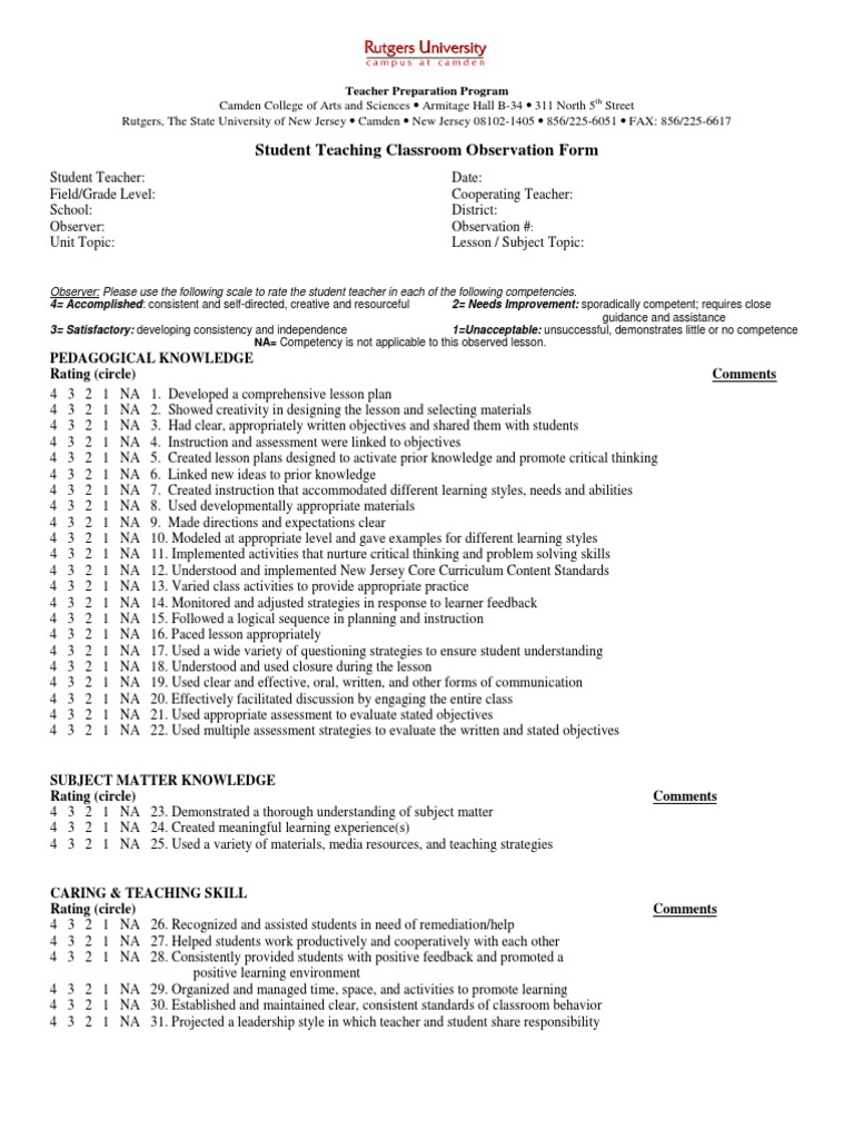 Student Teaching Classroom Observation Form | PDF | Teachers ...