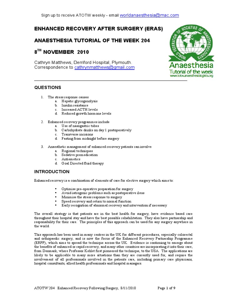 ERAS Protocol Overview for Surgery | PDF | Cortisol | Anesthesia