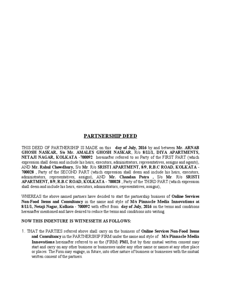 Partnership Deed: Pinnacle Media Innovations | PDF | Partnership ...