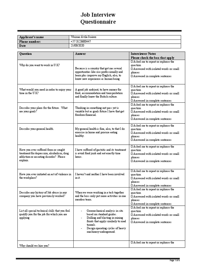 Job Interview Questionnaire | Download Free PDF | Question | Phrase