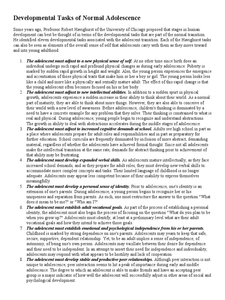 1 PreL Developmental Tasks of Normal Adolescence | PDF | Adolescence ...