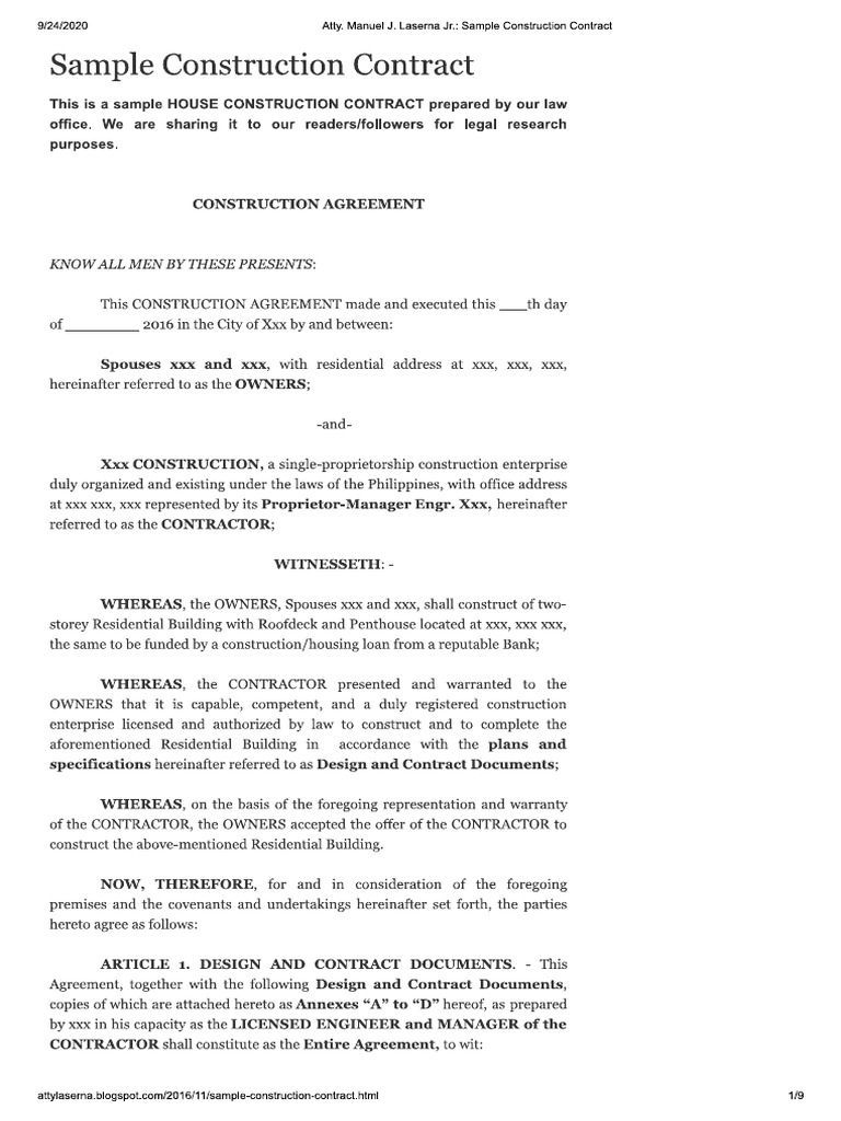 Atty. Manuel J. Laserna Jr. - Sample Construction Contract PDF | PDF