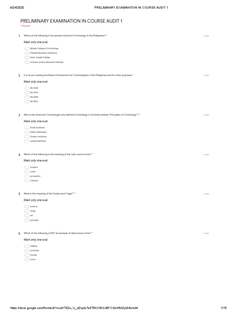 Preliminary Exam for Criminology Audit 1 | PDF | Criminology | Legal ...
