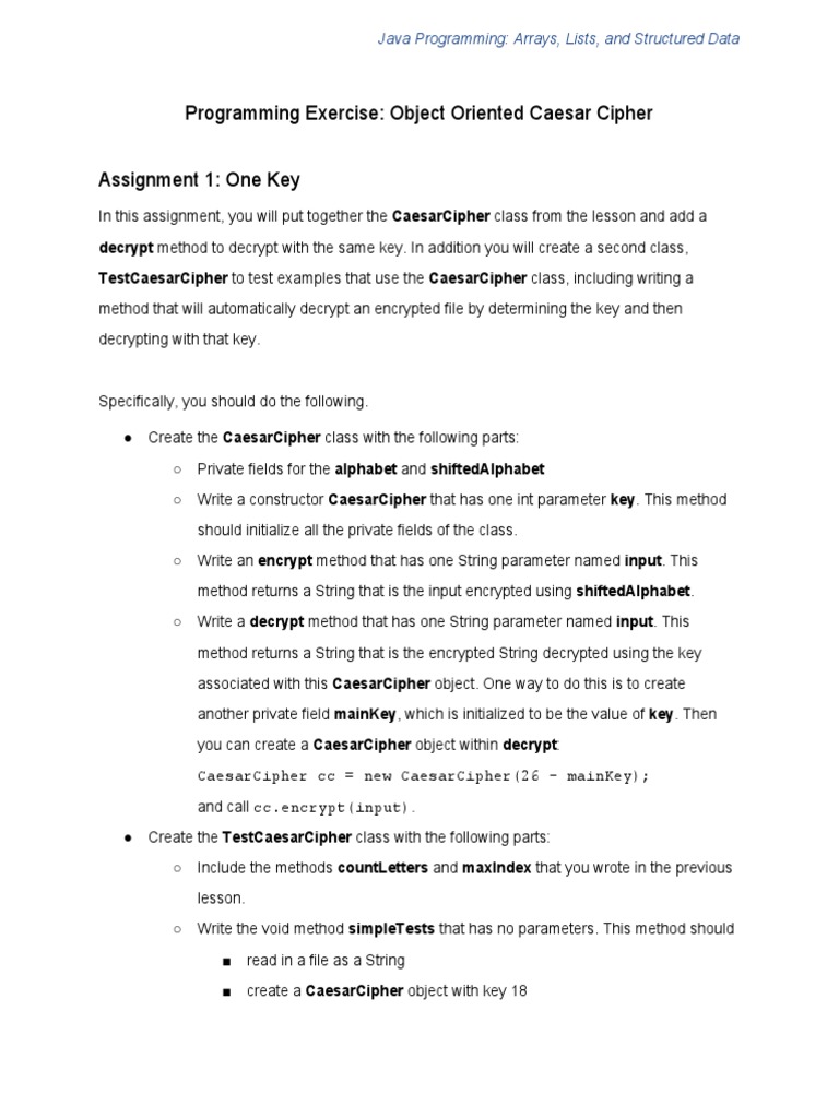 Programming Exercise: Object Oriented Caesar Cipher: Java Programming: Arrays, Lists, and ...