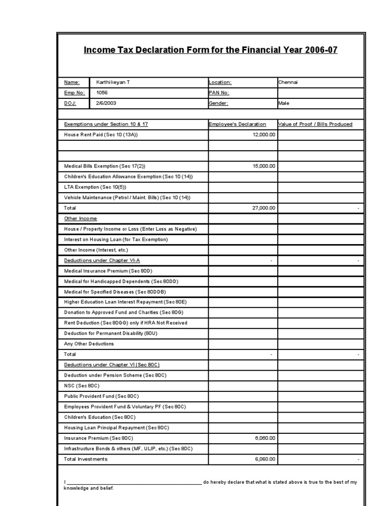 Income Tax Declaration Form 2006-07 | PDF | Insurance | Life Insurance