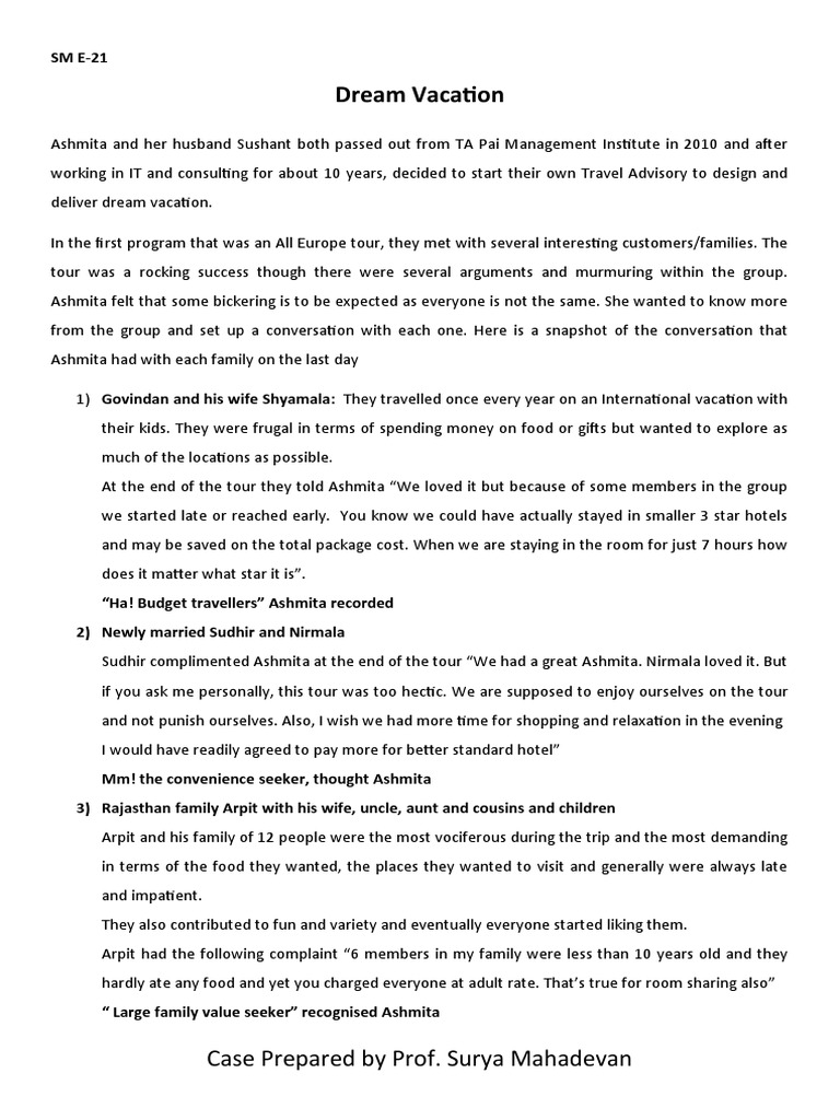 Dream Vacation: Case Prepared by Prof. Surya Mahadevan | PDF