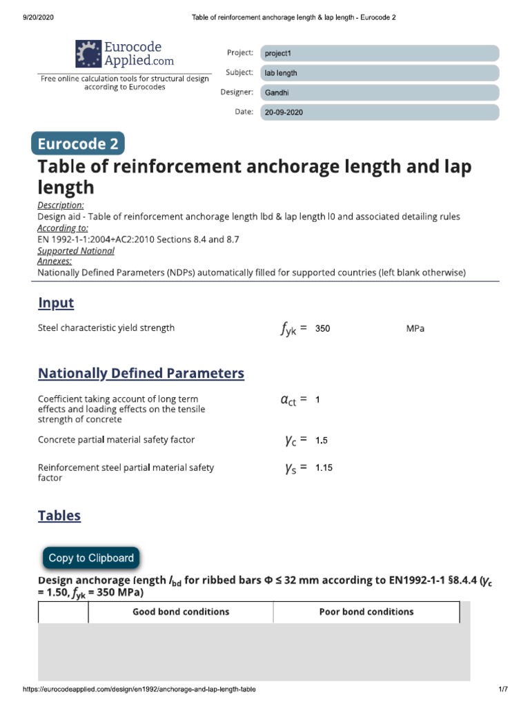 Table of Reinforcement Anchorage Length & Lap Length - Eurocode 2 | PDF
