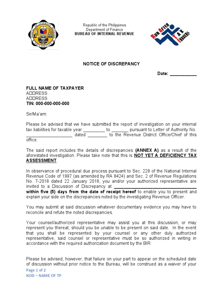 Notice of Discrepancy: Invitation to Discuss Tax Discrepancies and ...