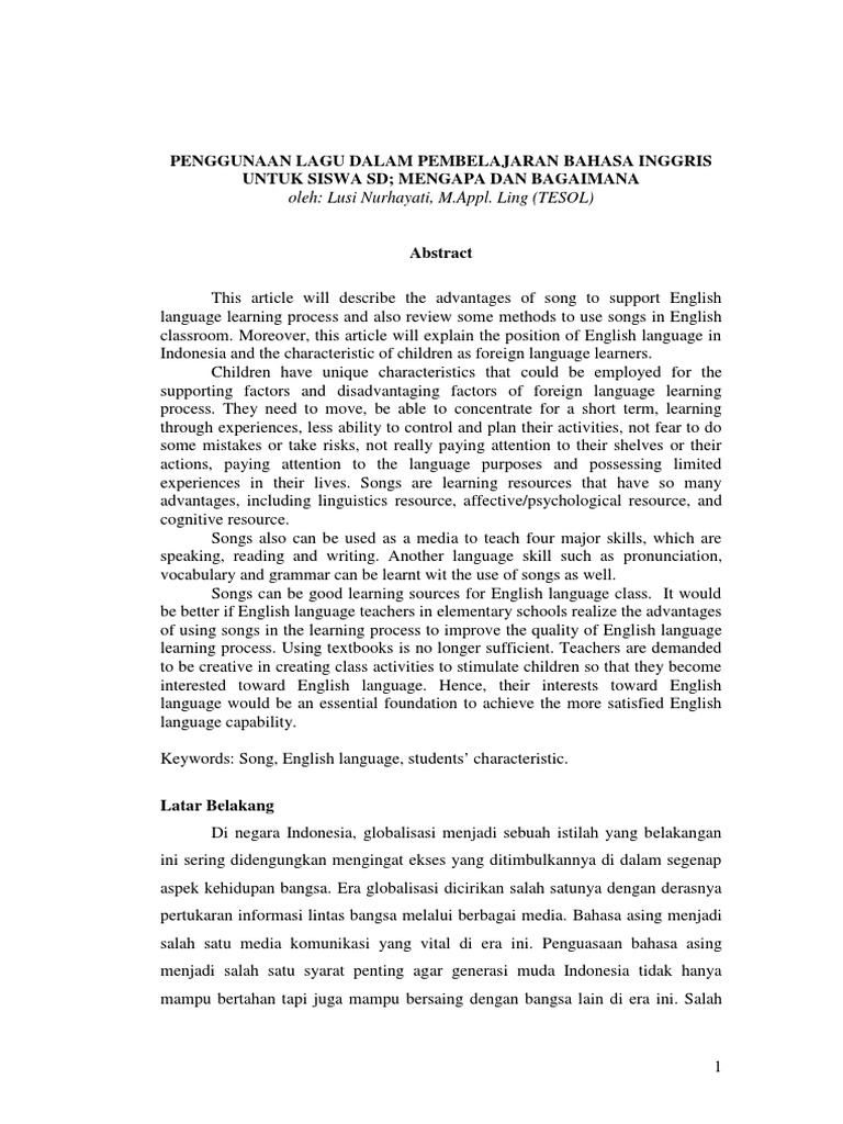 Penggunaan Lagu Dalam Pembelajaran Bahasa Inggris Untuk Siswa SD ...
