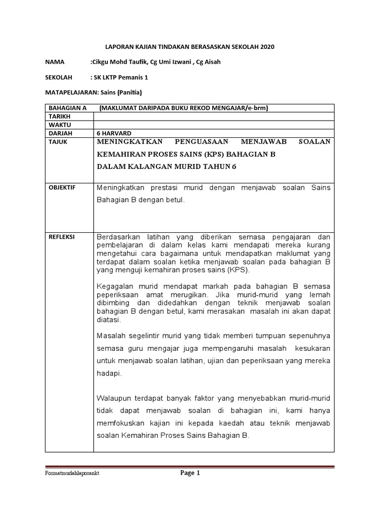 Laporan Ringkas Format Kajian Tindakan Sains Sekolah Rendah | PDF