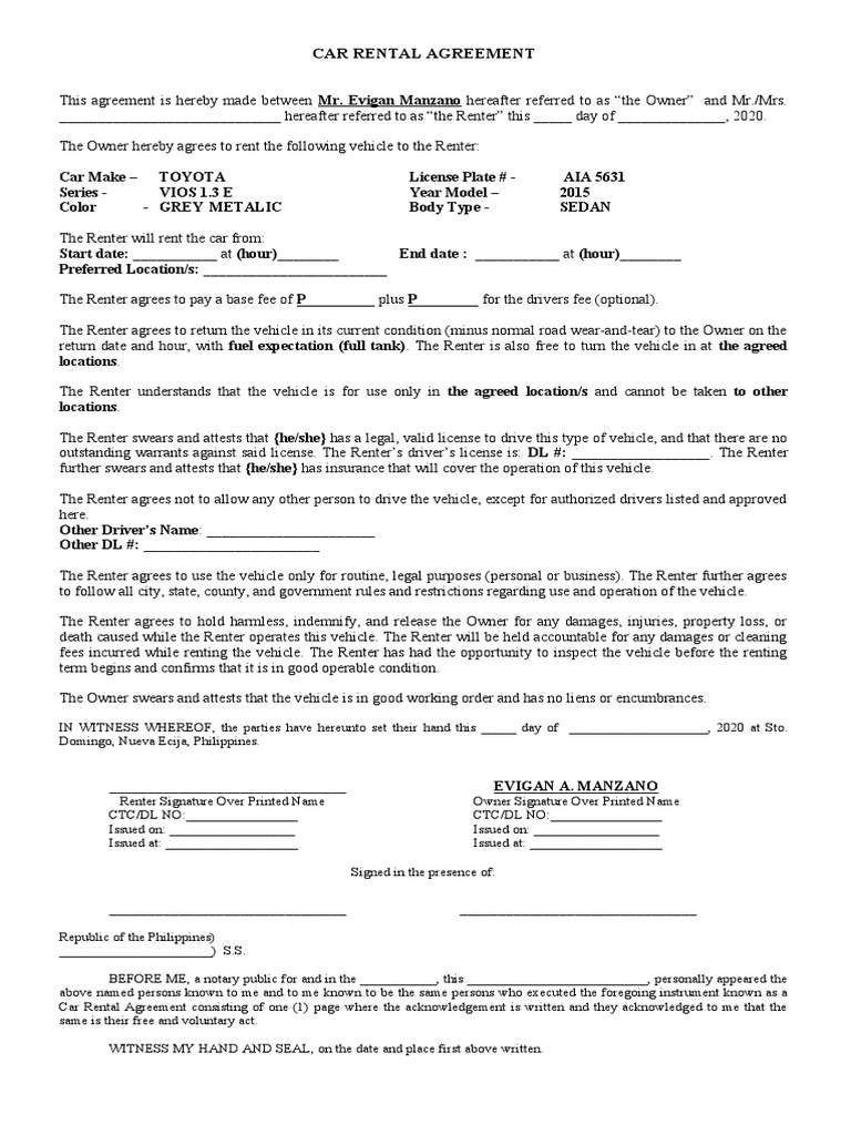 Car Rental Agreement | PDF | Car Rental | Renting
