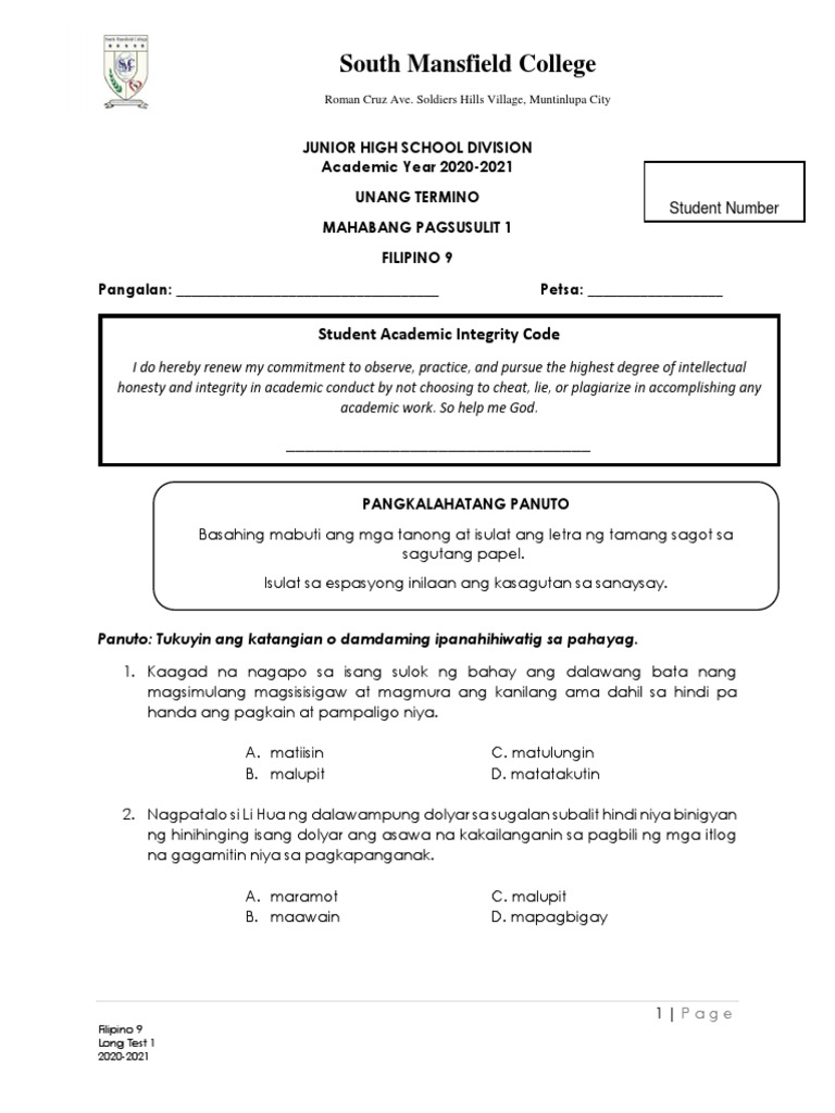 FILIPINO 9 - LONG TEST 1 Revised | PDF