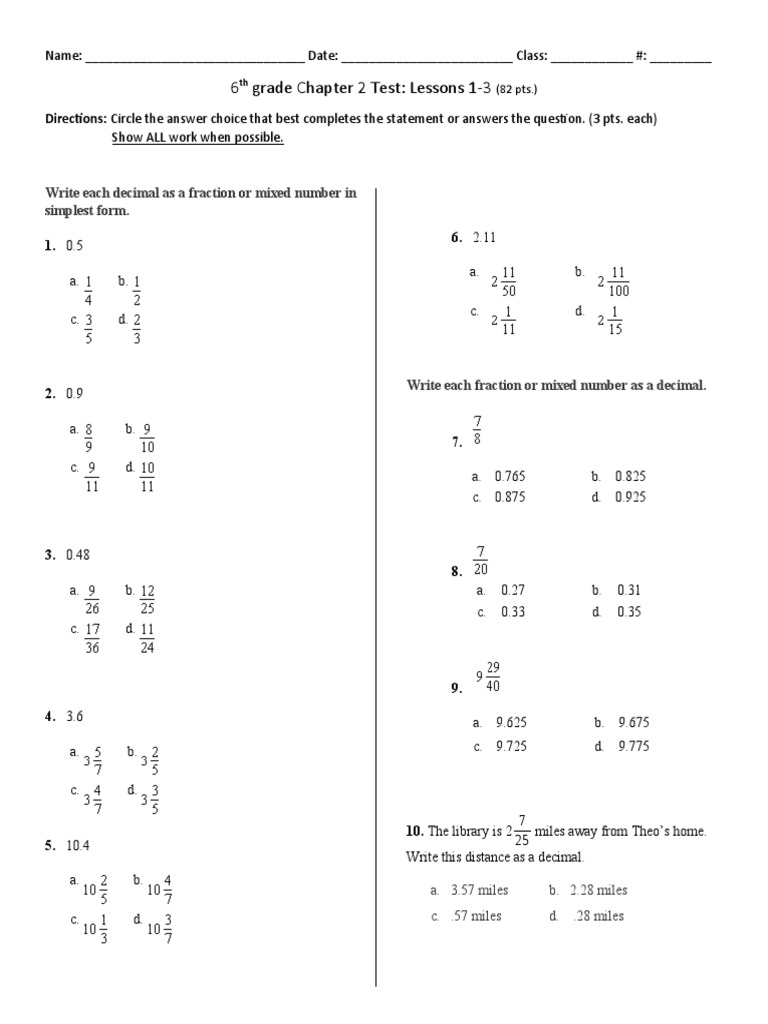 Chapter 2 Lesson 1-3 Test | PDF | Fraction (Mathematics) | Division ...