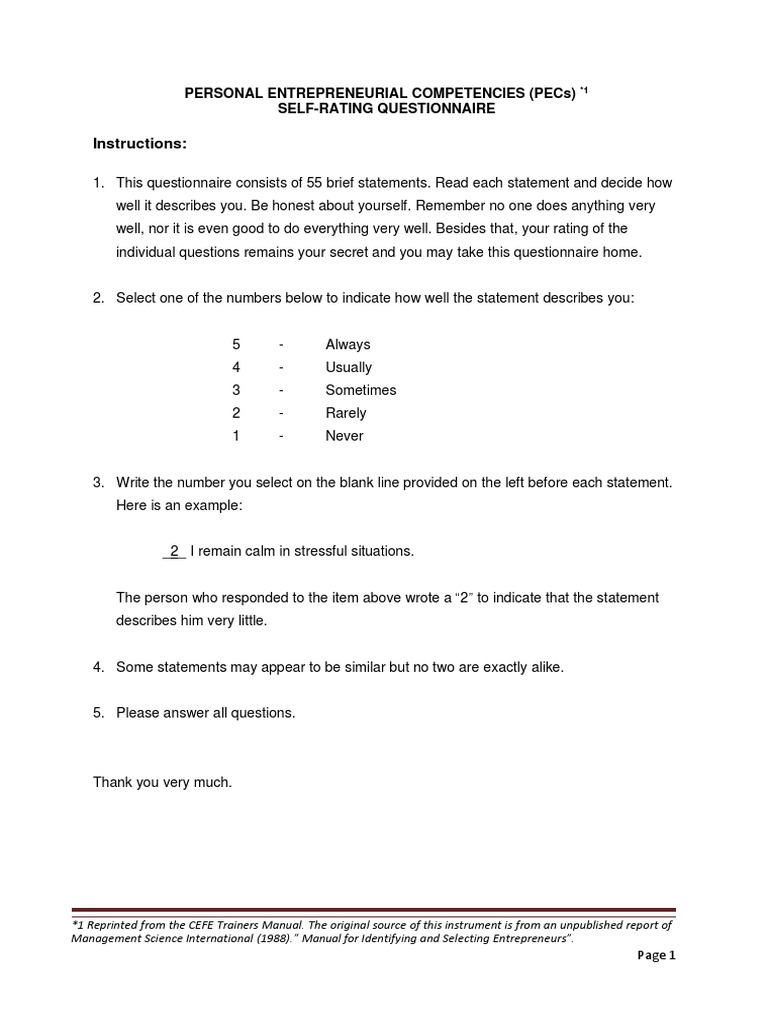 Instructions:: Personal Entrepreneurial Competencies (Pecs) Self-Rating Questionnaire | PDF ...