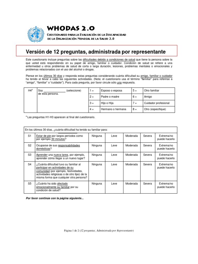 Cuestionario WHODAS 2.0 Administrada Por Representante | PDF ...