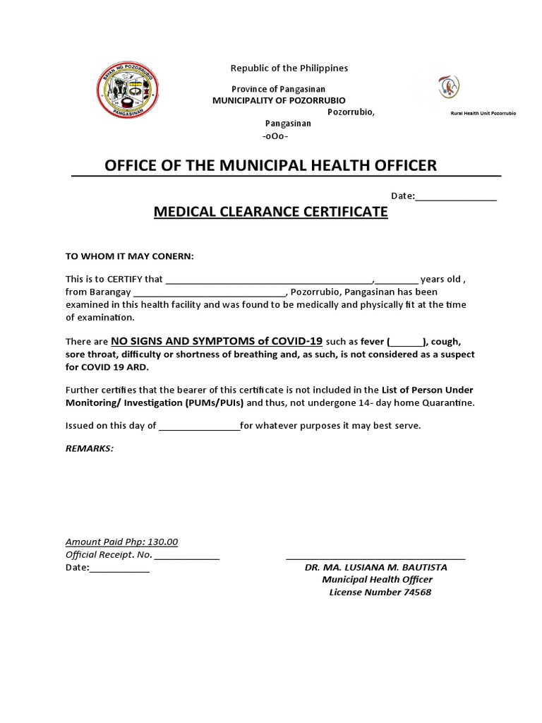 Medical Clearance Certificate Sample | PDF