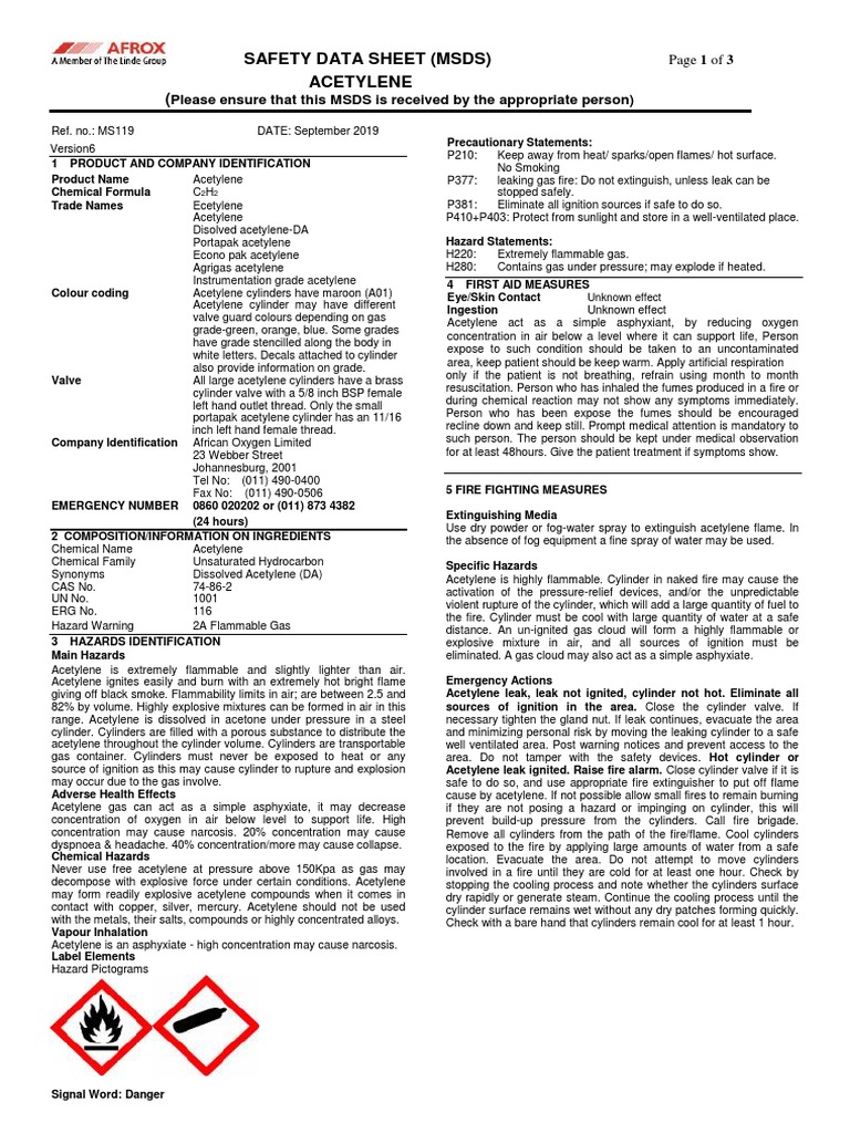 Safety Data Sheet (MSDS) Acetylene: Please Ensure That This MSDS Is ...