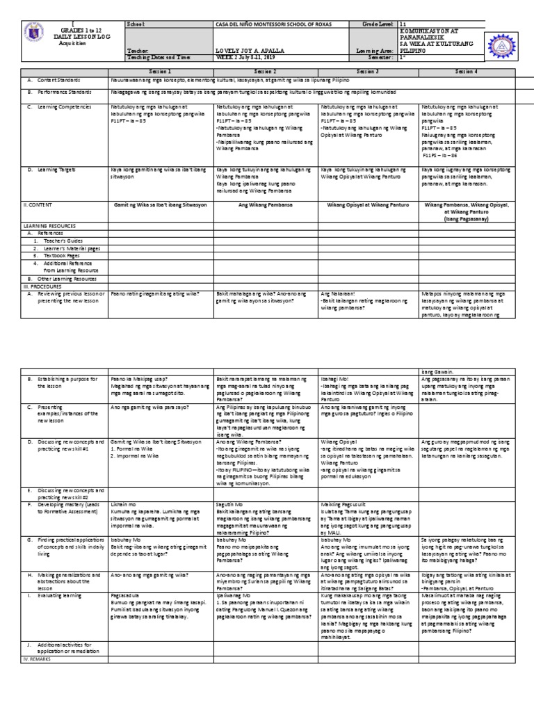 Grade 11 DLL Komunikasyon Q1 Week 2 | PDF