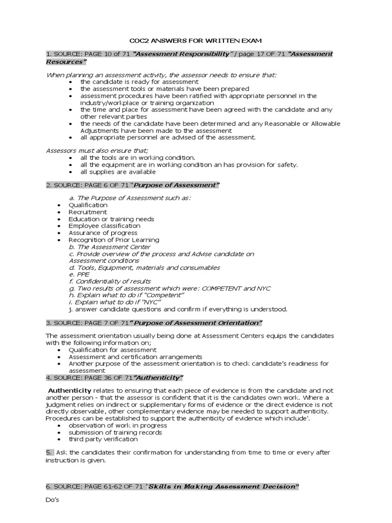 "Assessment Responsibility" "Assessment Resources": Coc2 Answers For Written Exam | PDF ...