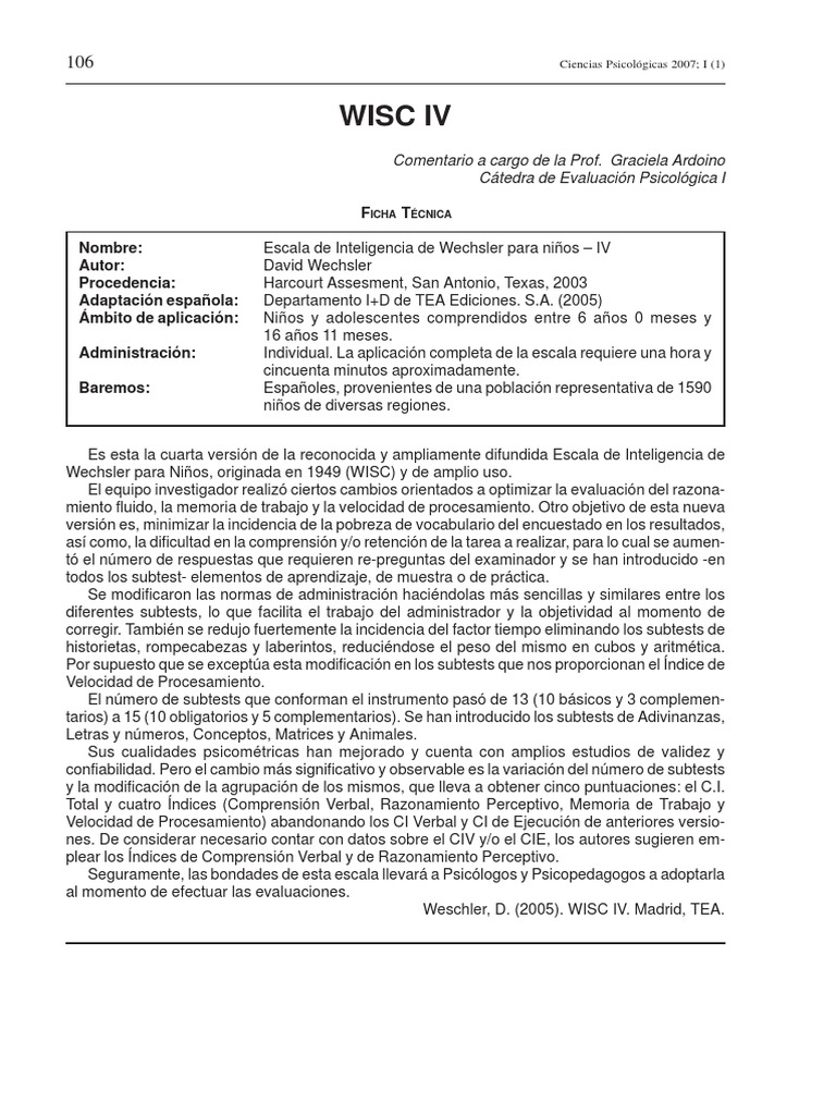 WISC IV: Evaluación Psicológica Infantil | PDF | Psicología Educacional ...