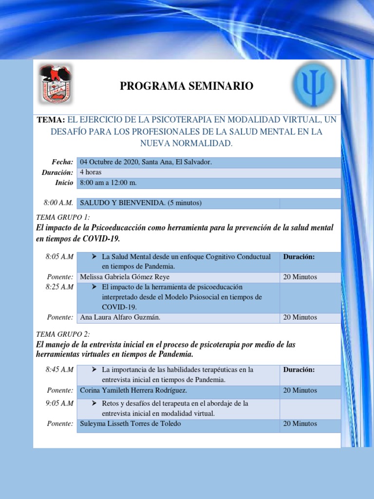 Programa Seminario 2020 | PDF | Psicoterapia | Psicología Aplicada